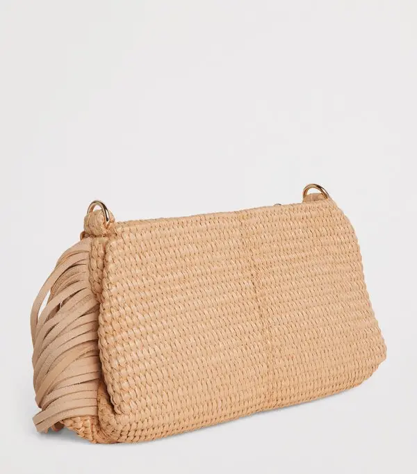 Maje Raffia Clutch Bag With Fringe - Beige