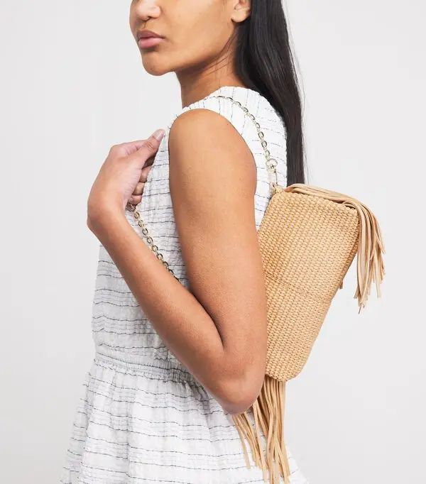 Maje Raffia Clutch Bag With Fringe - Beige