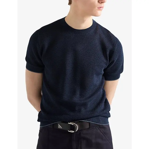 Prada Crew Neck Short Sleeve Silk And Cotton Jumper - Blue