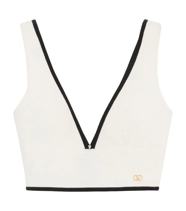 Valentino Garavani Cotton Tweed V-neck Cropped Top - Ivory