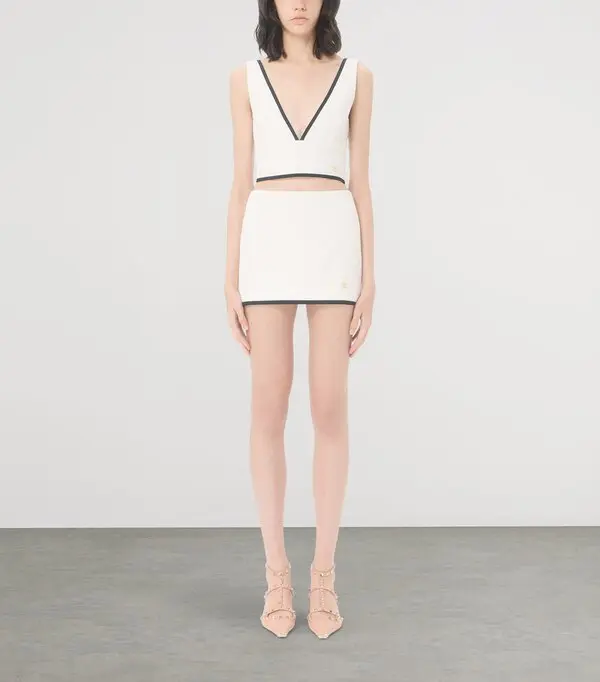 Valentino Garavani Cotton Tweed V-neck Cropped Top - Ivory