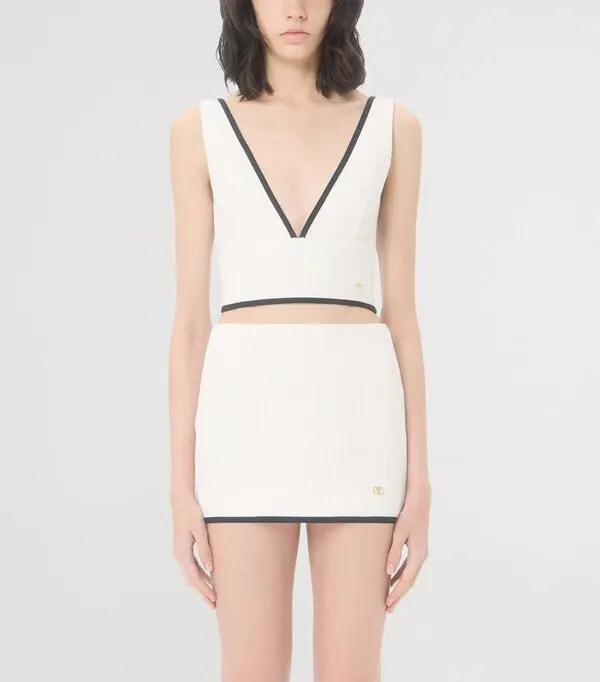 Valentino Garavani Cotton Tweed V-neck Cropped Top - Ivory