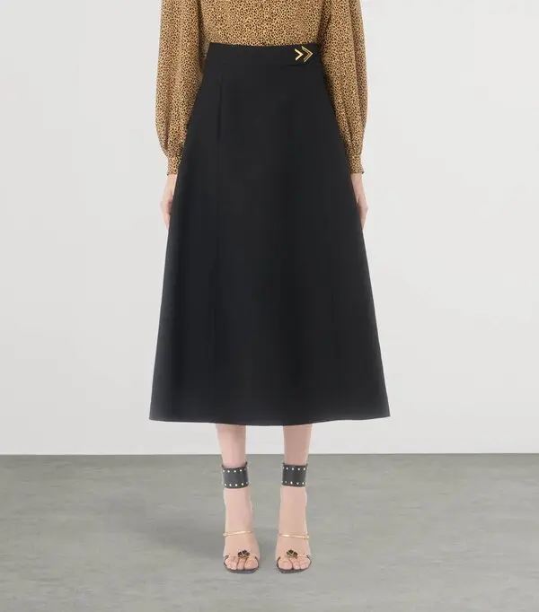 Valentino Garavani Wool-silk Crepe Midi Skirt With Gold-tone Hardware