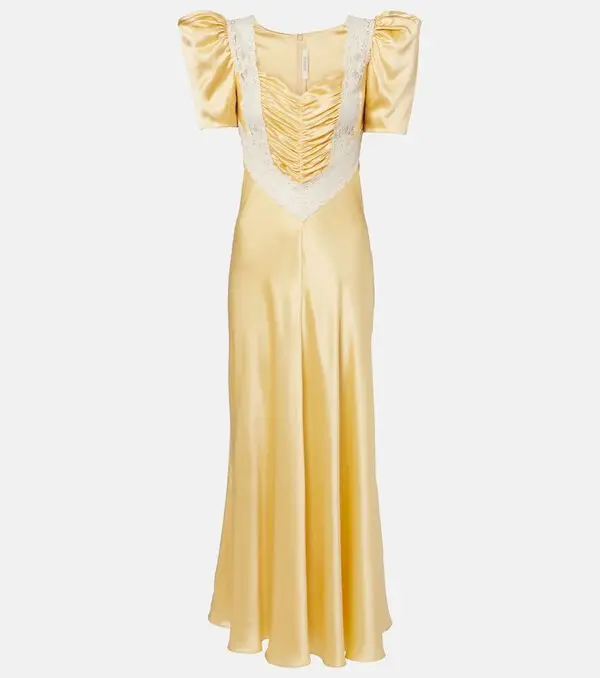 RODARTE Silk Satin Maxi Dress With Lace Trim - Yellow