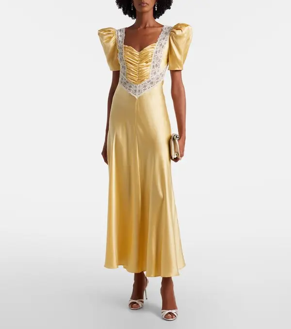 RODARTE Lace-trimmed Ruched Silk Satin Maxi Dress - Yellow