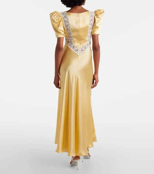 RODARTE Lace-trimmed Ruched Silk Satin Maxi Dress - Yellow