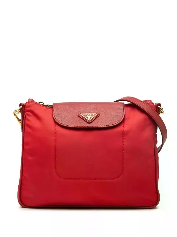 Prada Saffiano Trimmed Tessuto Crossbody Bag - Red
