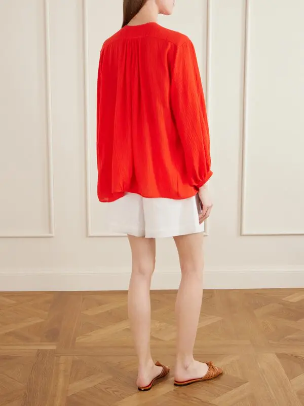 LES VACANCES D’IRINA Cotton Gathered Balloon Sleeve Shirt