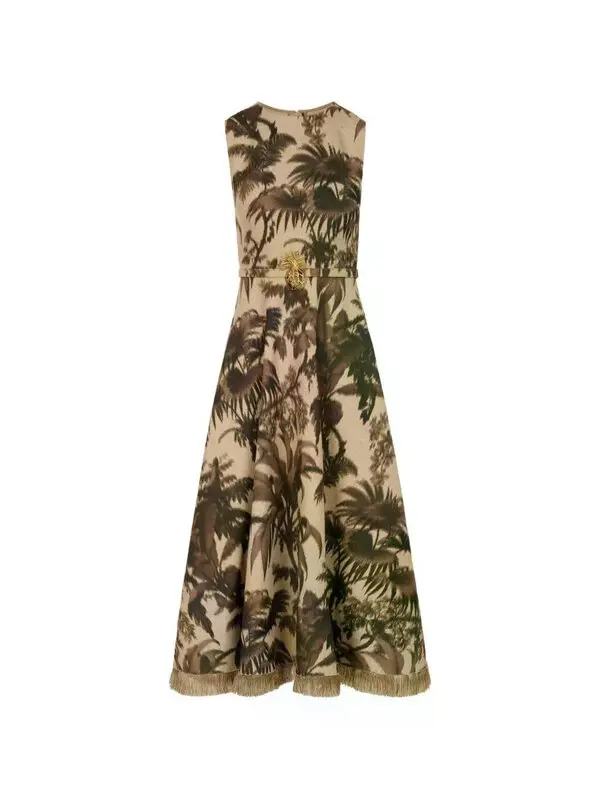 Oscar De La Renta Chiné Palm Leaves Sleeveless Midi Dress With Novelty Belt - Neutrals
