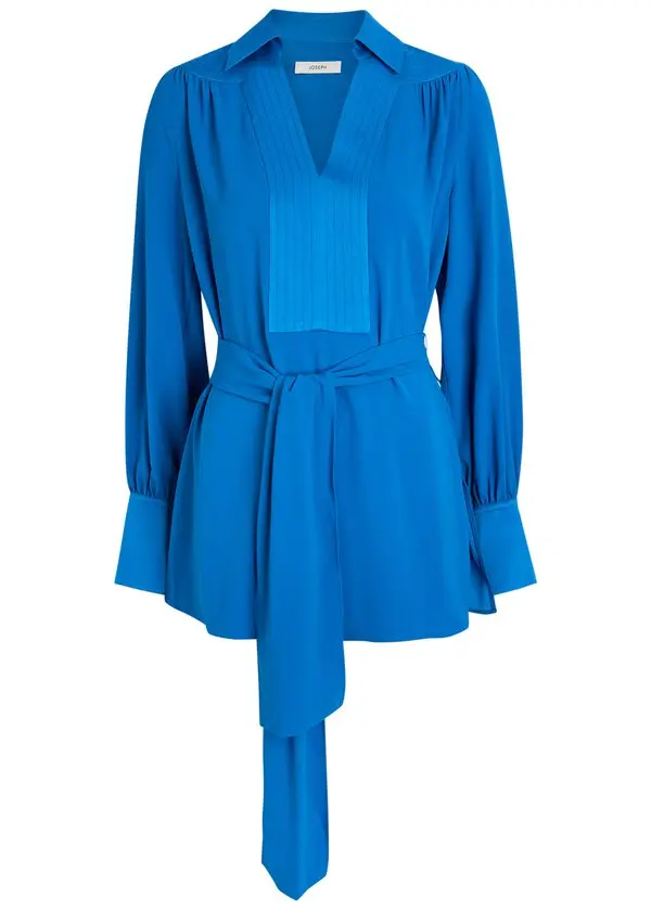 JOSEPH Belted Crepe Blouse - Blue