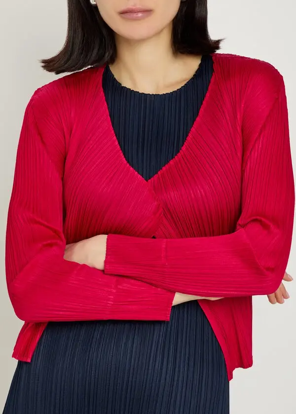 Issey Miyake Pleated V-neck Cardigan - Red