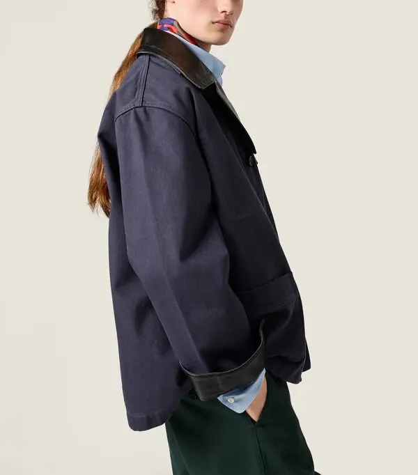 Miu Miu Cotton Chore Jacket With Leather Collar - Grey