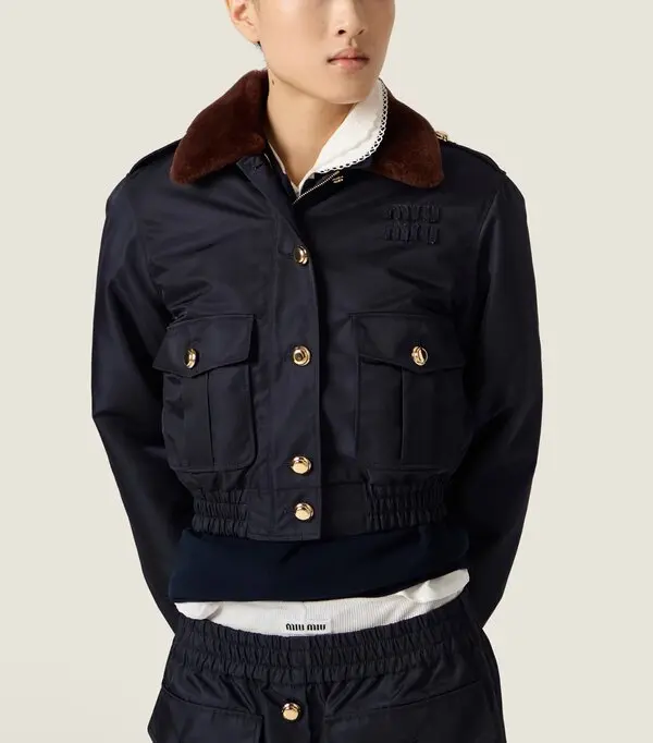 Miu Miu Technical Gazar Bomber Jacket With Shearling Collar - Blue