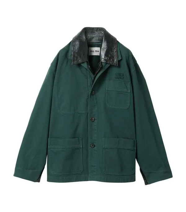 Miu Miu Cotton Chore Jacket With Leather Collar - Green