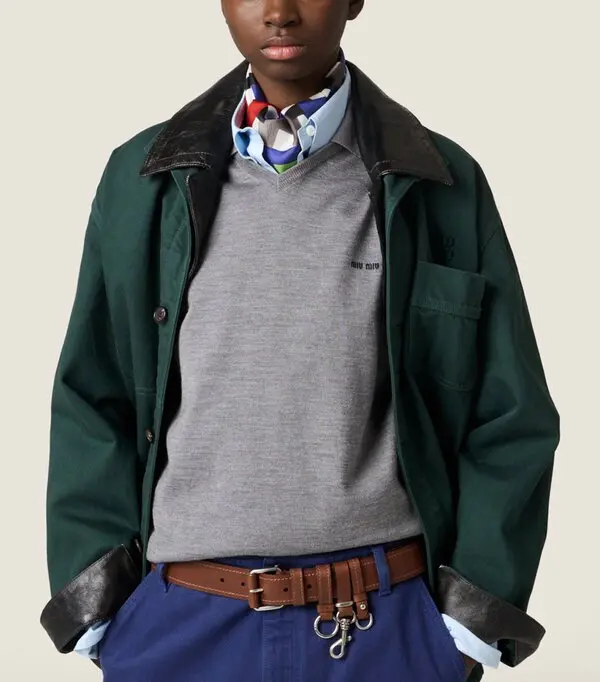 Miu Miu Cotton Chore Jacket With Leather Collar - Green