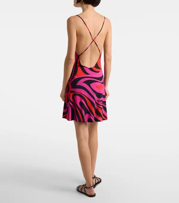 Emilio Pucci Marmo Draped Jersey Satin Mini Dress In Fuchsia Black - Pink