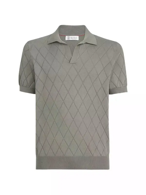 Brunello Cucinelli Cotton Textured Argyle Lightweight Knit Polo Shirt - Green