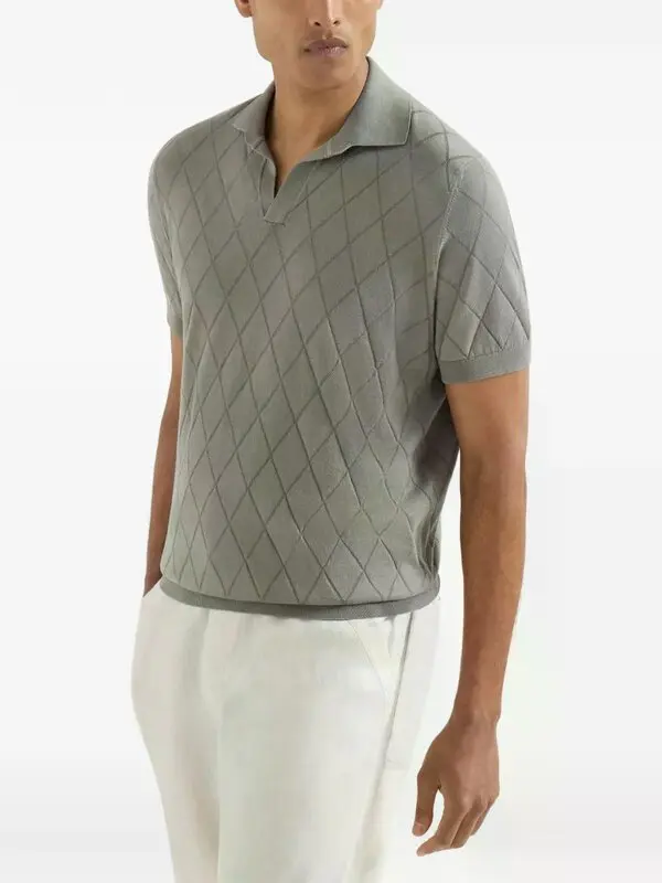 Brunello Cucinelli Cotton Textured Argyle Lightweight Knit Polo Shirt - Green