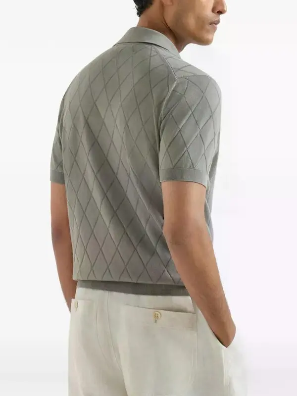 Brunello Cucinelli Cotton Textured Argyle Lightweight Knit Polo Shirt - Green