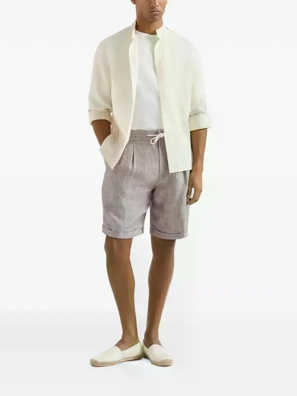 Brunello Cucinelli Linen And Hemp Diagonal Bermuda Shorts With Drawstring And Double Pleats