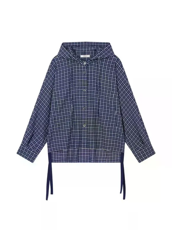 STUDIO TOMBOY Checked Seersucker Drawstring Hem Hoodie - Blue