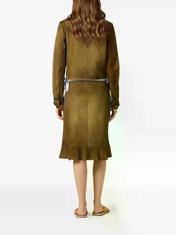 Miu Miu Waxed Suede Jacket With Band Collar And Zip Closure - Green