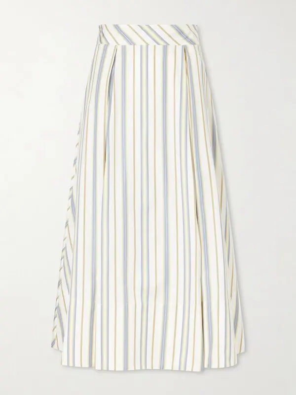 Thierry Colson Pleated Striped Cotton-gabardine Midi Skirt - Neutrals
