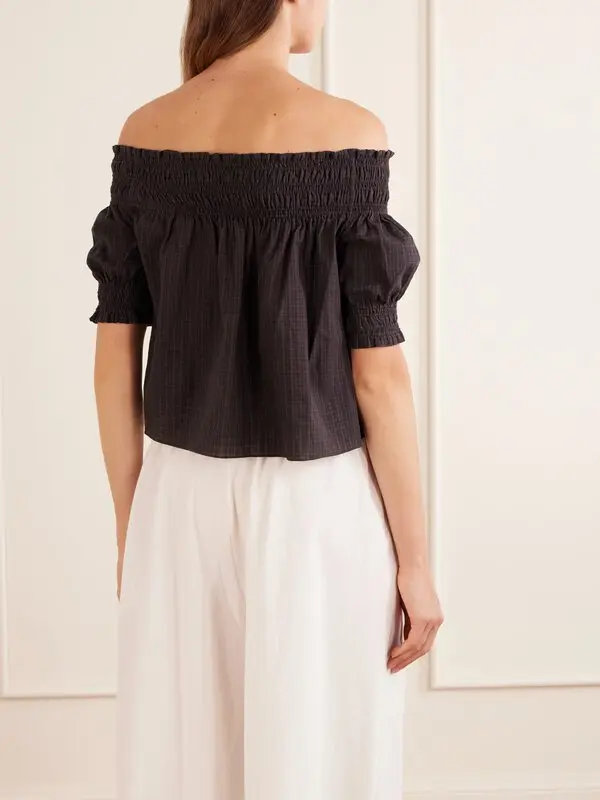 Matteau Shirred Off-the-shoulder Checked Cotton Blouse