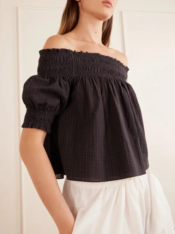 Matteau Shirred Off-the-shoulder Checked Cotton Blouse