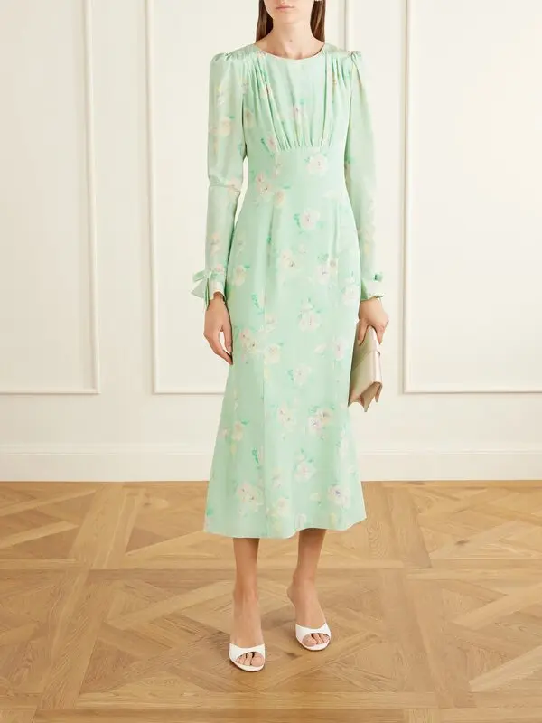 Alessandra Rich Floral Silk Crepe De Chine Midi Dress