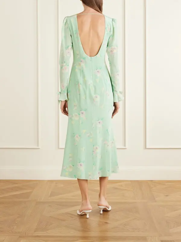 Alessandra Rich Floral Silk Crepe De Chine Midi Dress
