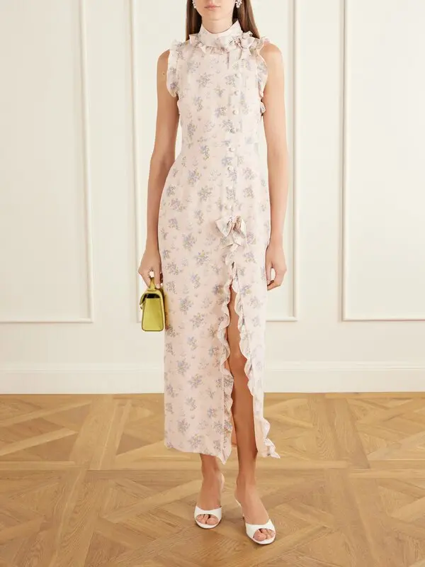 Alessandra Rich Floral Print Silk Ruffled Midi Dress
