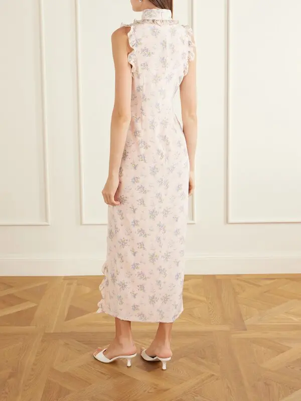 Alessandra Rich Floral Print Silk Ruffled Midi Dress