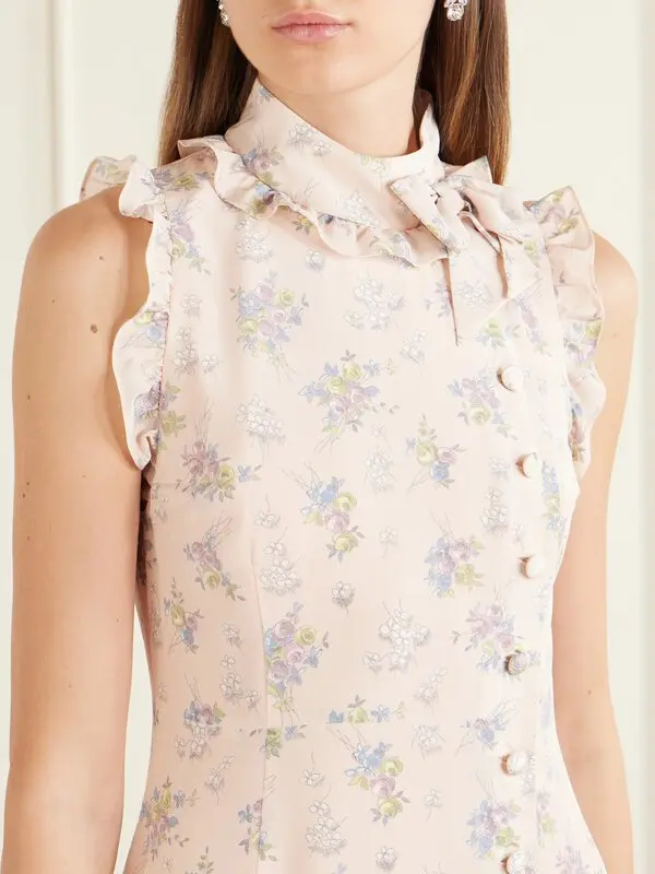 Alessandra Rich Floral Print Silk Ruffled Midi Dress