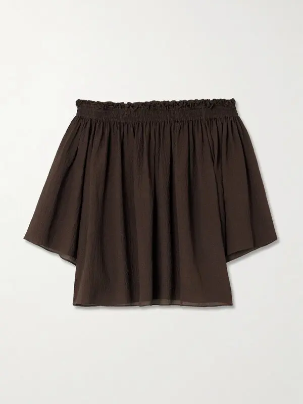 JOSEPH Emi Off-the-shoulder Shirred Seersucker Top - Brown
