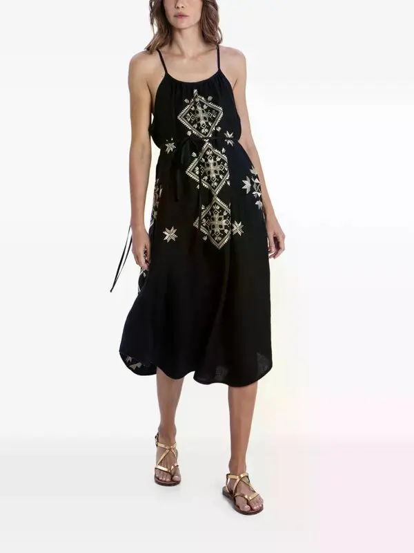 Greek Archaic Kori Embroidered Belted Dress - Black