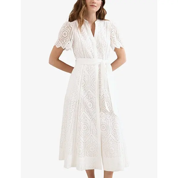 PHASE EIGHT Belted Cotton Midi Dress With Broderie Detail