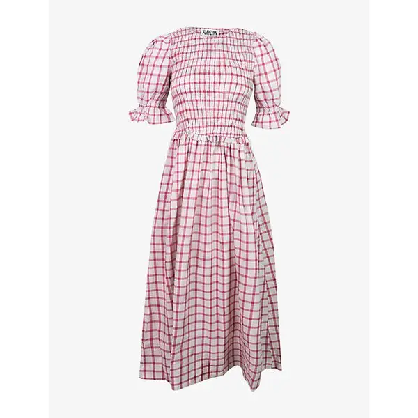 AMY LYNN Imogen Windowpane Check Cotton Midaxi Dress - Red