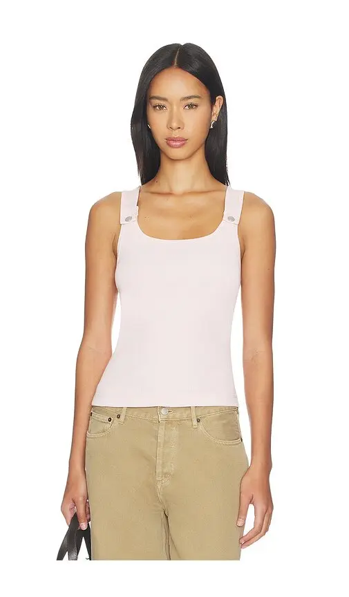 Still Here Ribbed Tank Top With Button Strap Detail - Pink