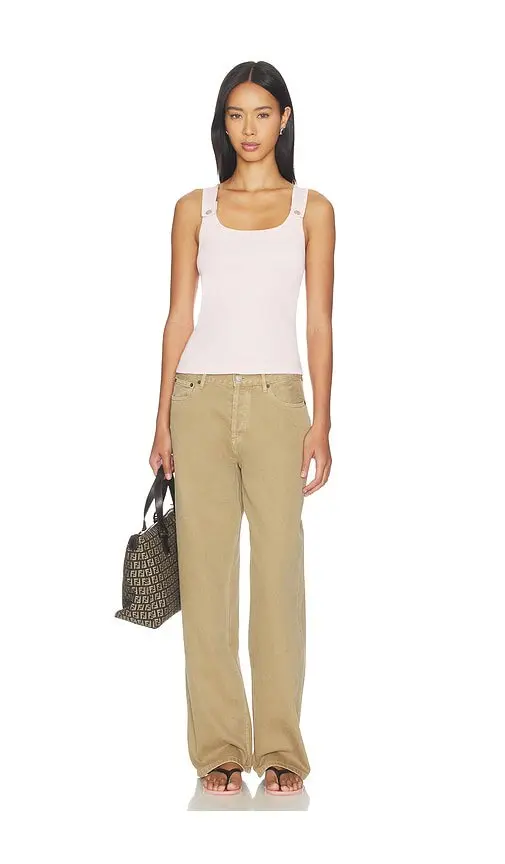 Still Here Ribbed Tank Top With Button Strap Detail - Pink