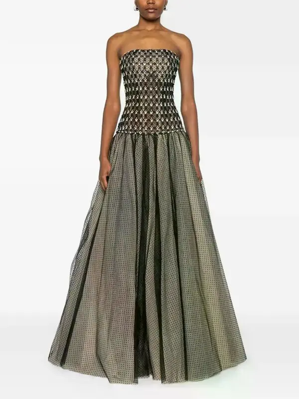 DINA MELWANI Embellished Tulle Maxi Dress - Black