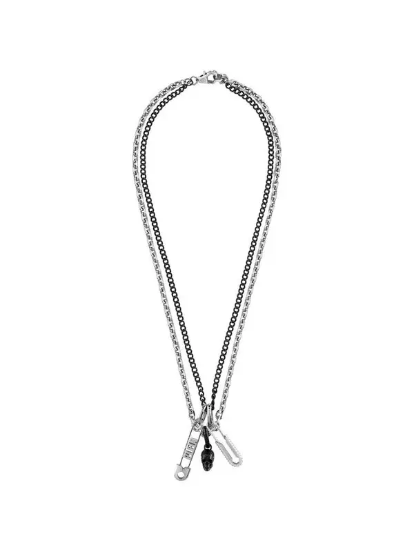 Philipp Plein Layered Safety Pin And Skull Pendant Necklace - Silver