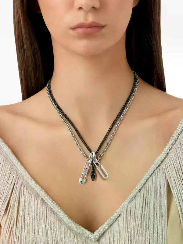 Philipp Plein Layered Safety Pin And Skull Pendant Necklace