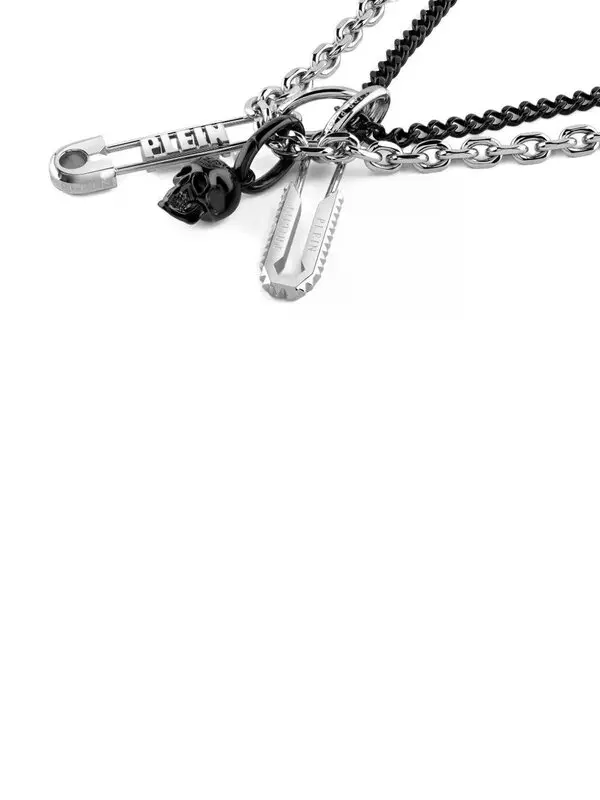 Philipp Plein Layered Safety Pin And Skull Pendant Necklace
