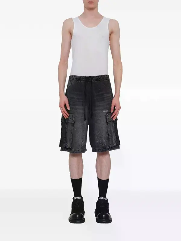 We11Done Black Denim Cargo Shorts With Paint Splatter Detail