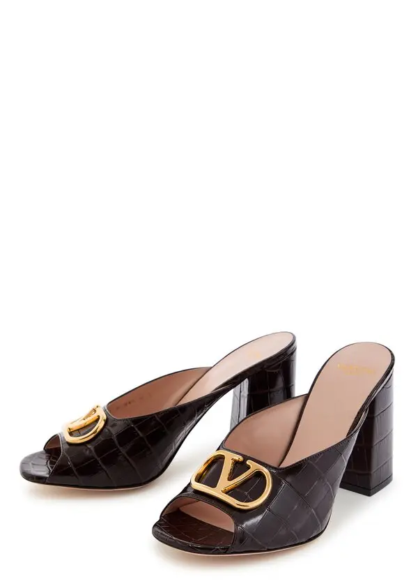Valentino Garavani Vlogo Crocodile-effect Leather Mules - Brown