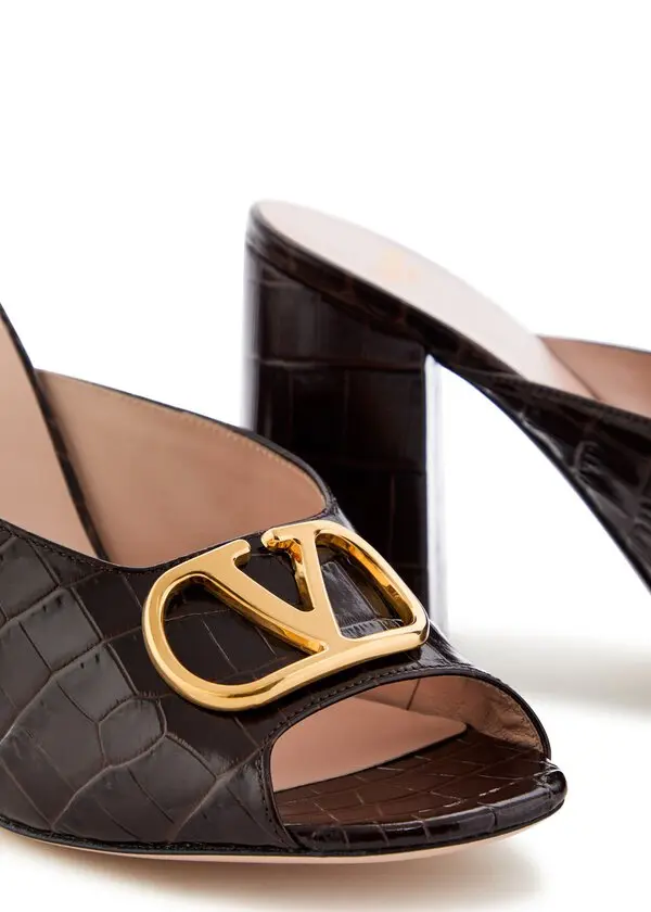 Valentino Garavani Vlogo Crocodile-effect Leather Mules - Brown