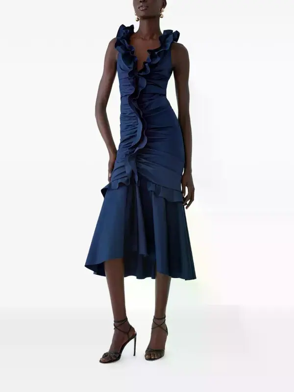 Carolina Herrera Ruched Ruffled V-neck Midi Dress - Blue