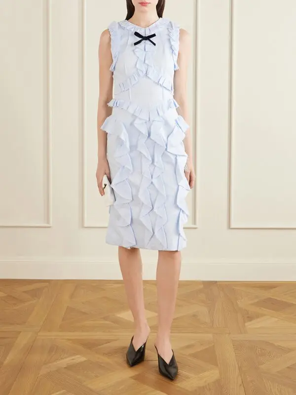 SHUSHU/TONG Ruffled Linen Midi Dress With Bow Detail