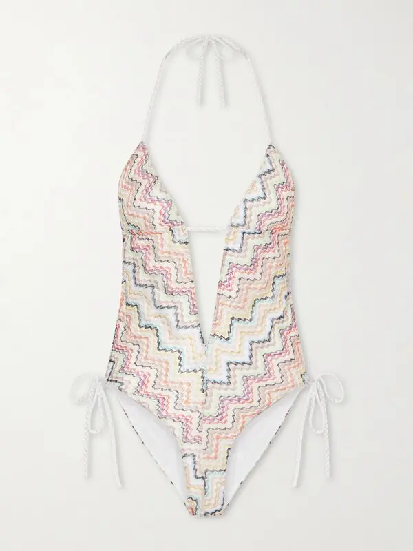 Missoni Striped Crochet-knit Halterneck Swimsuit - Multi